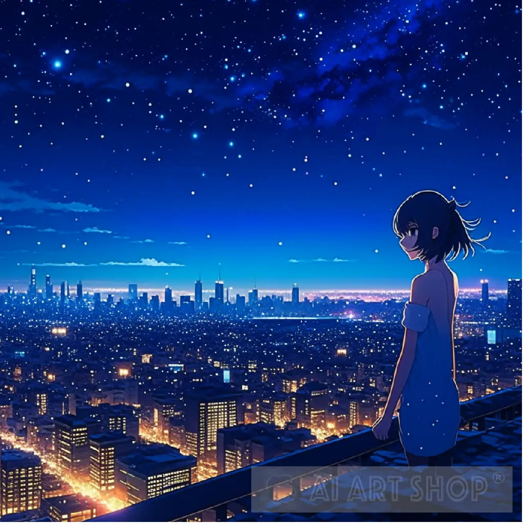 anime girl gazes over town at night