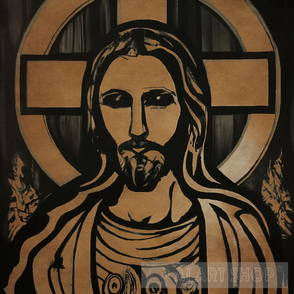 Antique icon of Jesus on the background of the cross