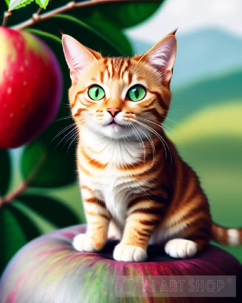 Cat, kitten, apple, tree, nature, fruit, sweet, cool, colorful, ado...