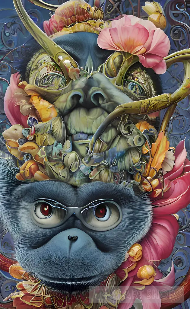 Art painting of the monkey behind the roses