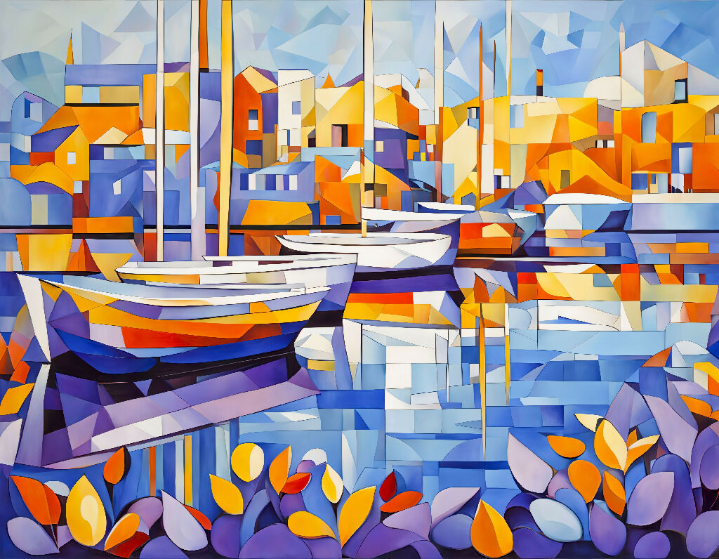 Cubist Marina with Boats and Reflections
