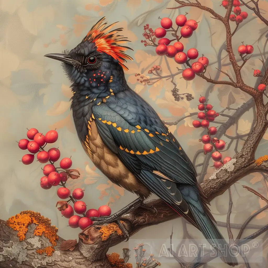 Bird, Ornithology, Illustration, Autumn, Berries, Botanical, Detail...