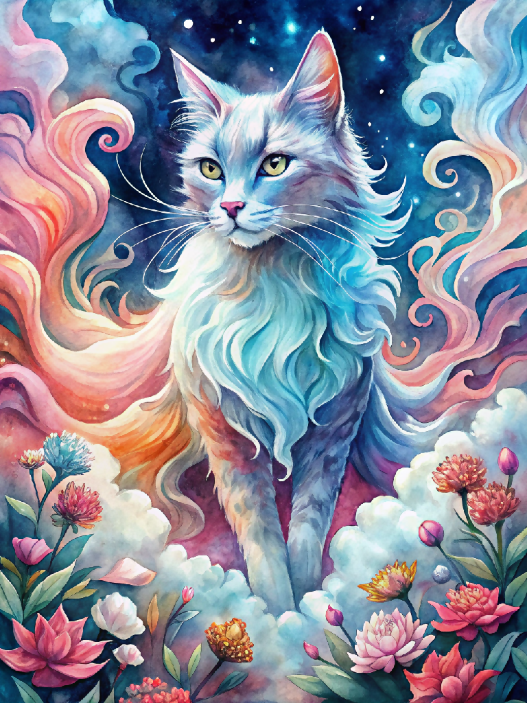 Fantasy Cat Watercolor Cosmic Cat, Magical Cat, Dreamy Cat, Fantasy...