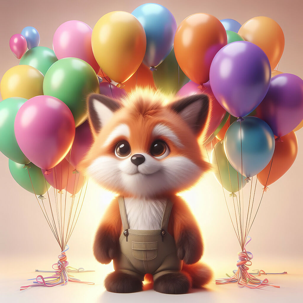 Cute fox surrounded by colorful balloons.