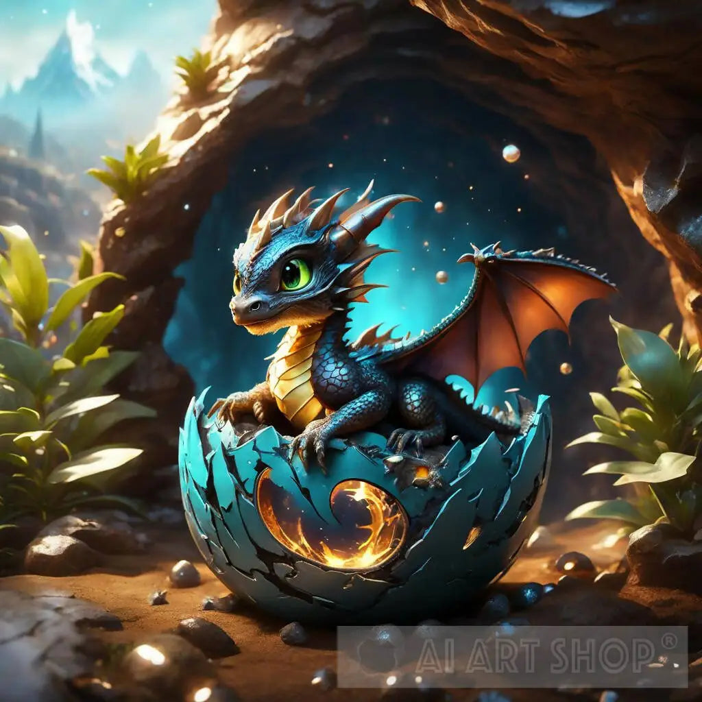 cute baby dragon just been born in his shell