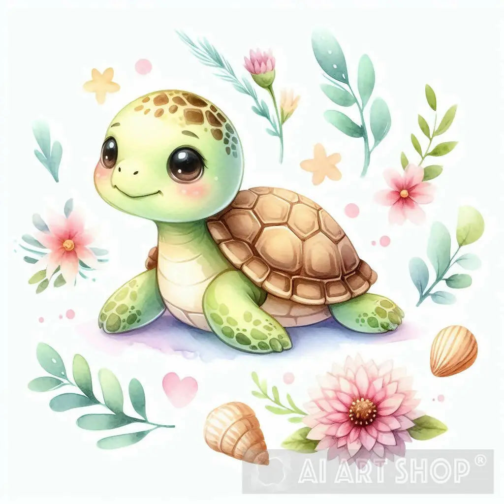 baby sea turtle, flowers, seashells, watercolor painting
