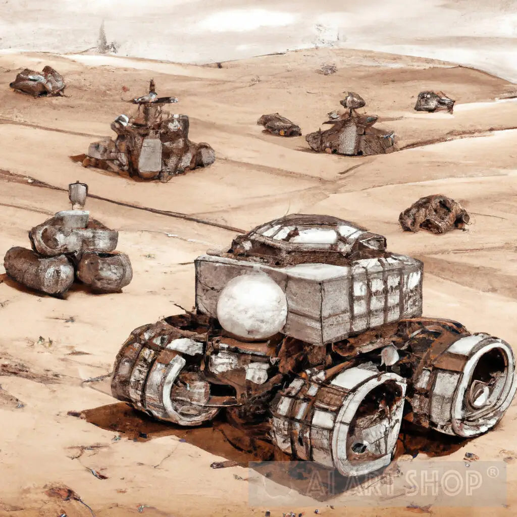 Comic book sepia style sci-fi planetary battlefield military vehicl...