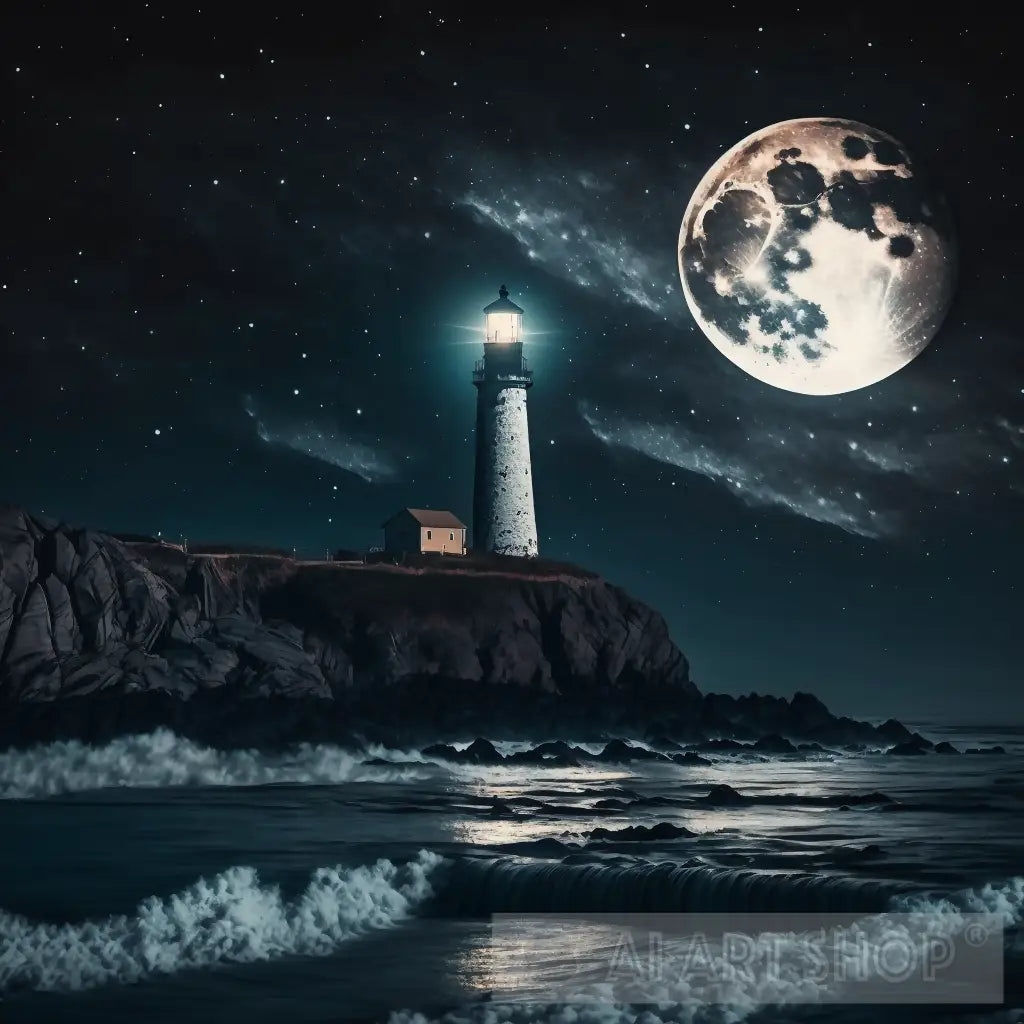 Lighthouse, Night sky, Full Moon, Bright Stars