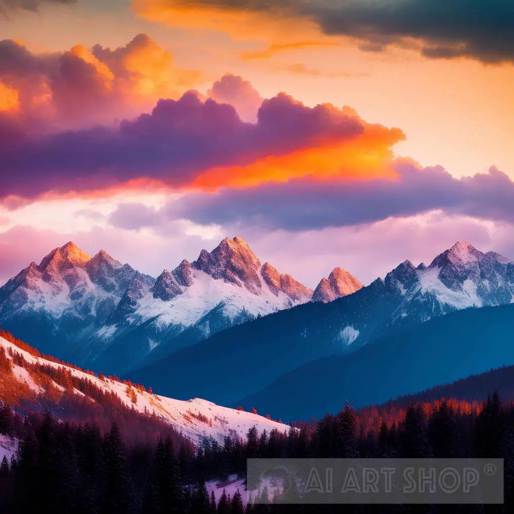 Beautiful colorful sunset over the snowy mountain