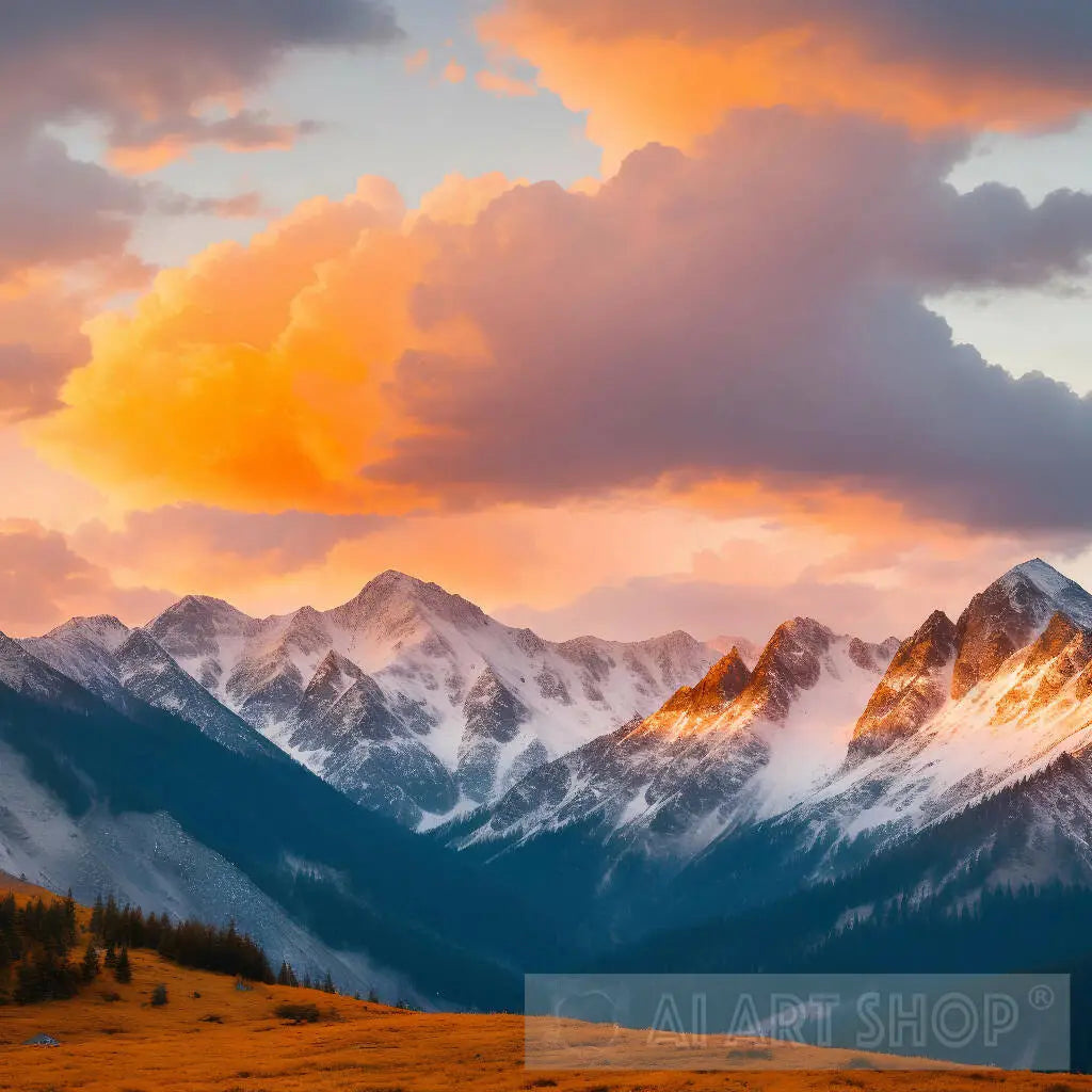 Beautiful colorful sunset over the snowy mountain range and pine tr...