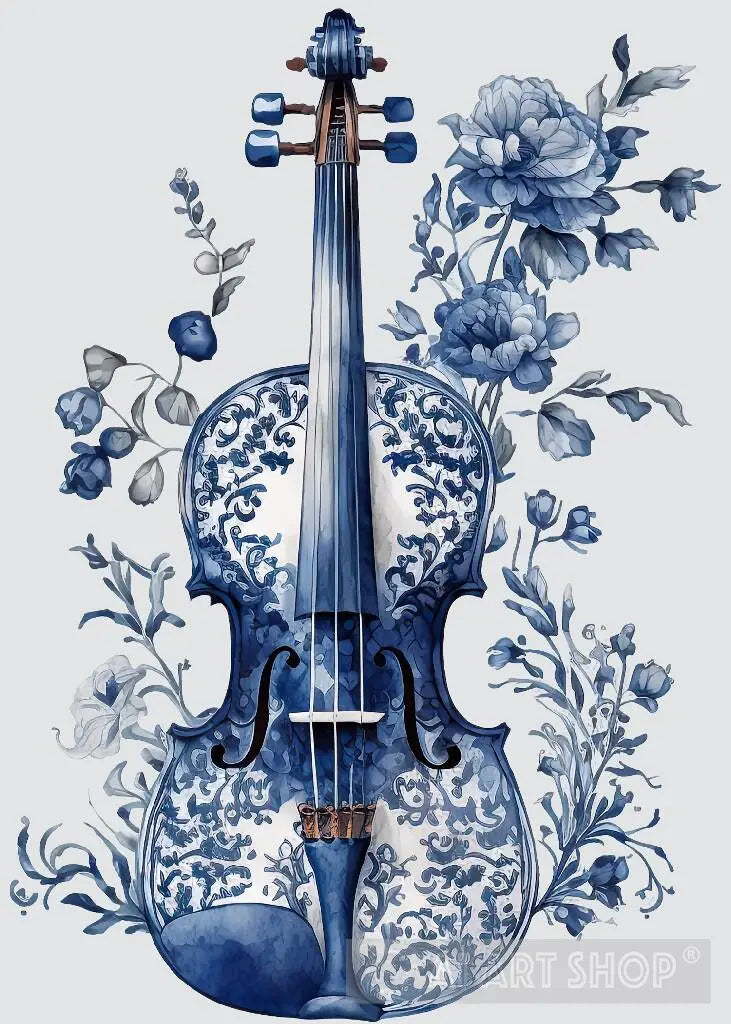 Portrait wall art of a blue Violin surrounded by beautiful blue flo...