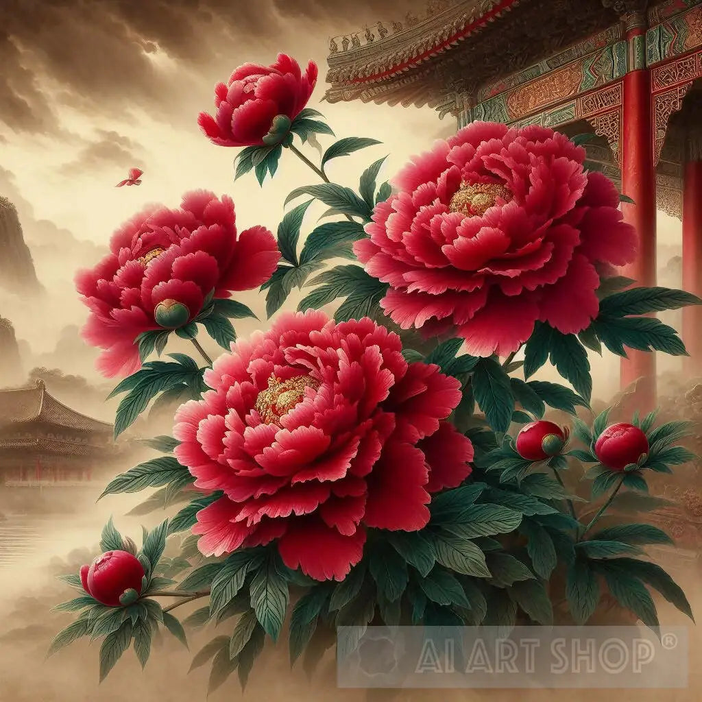 Beautiful Red Peonies in Full Bloom in Ancient Chinese Palace