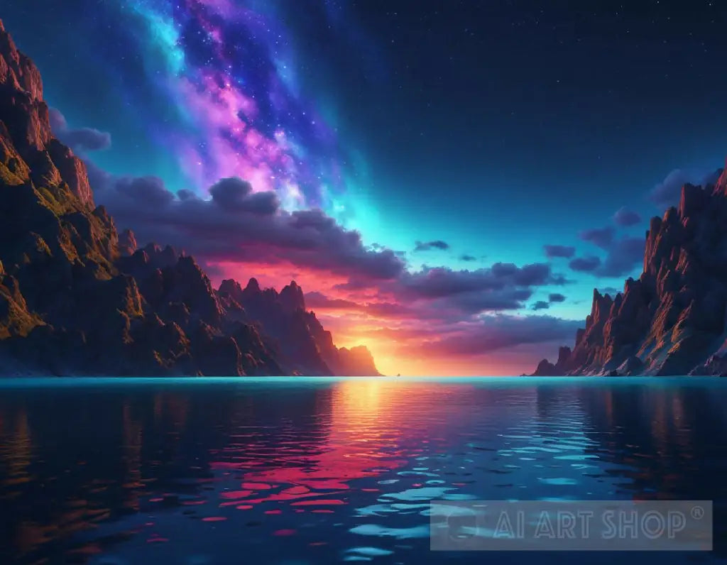 Beautiful riverscape, landscape, sunset, aurora borealis, stars