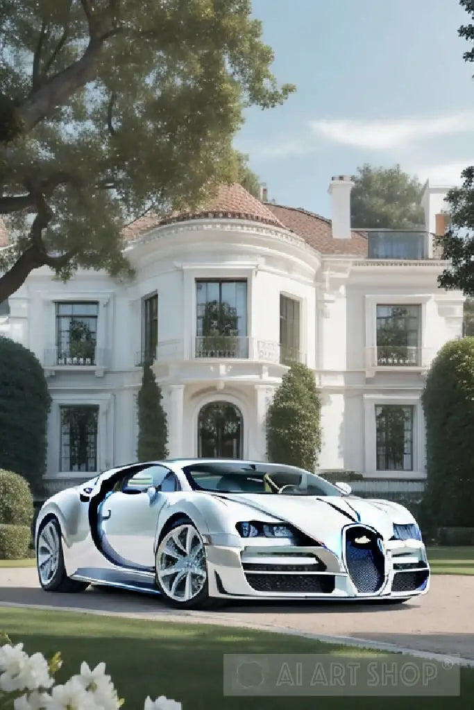 Beautiful White Bugatti Park In Front Of Mansion
