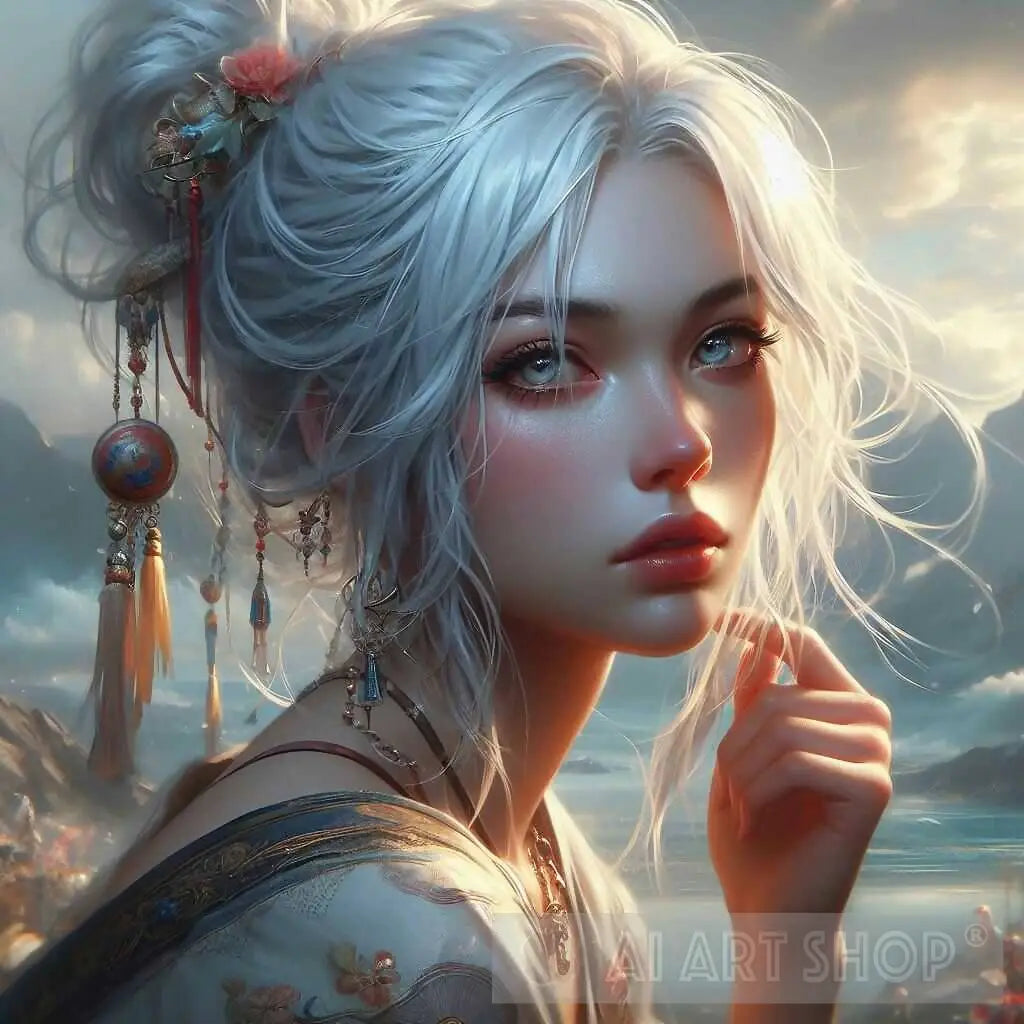 Beautiful white haired girl by the mountains