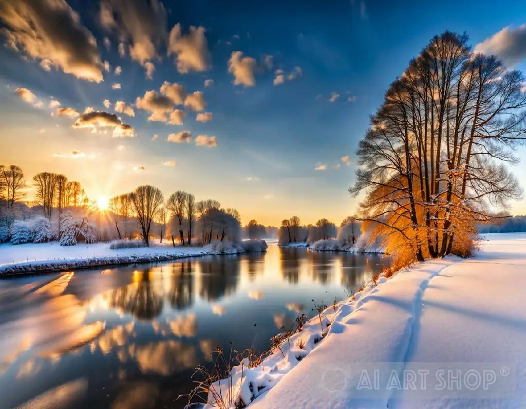 Beautiful winter landscape, riverscape, snow, river, trees