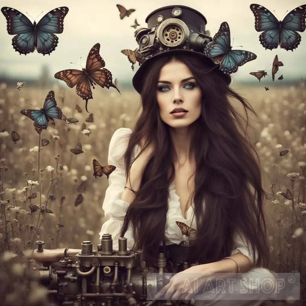 beautiful women with butterflies in a corn field