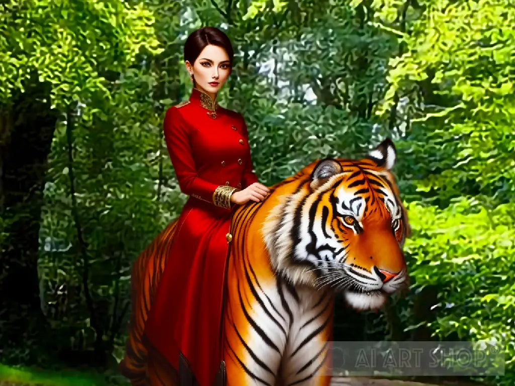 Woman in Red Riding a Tiger