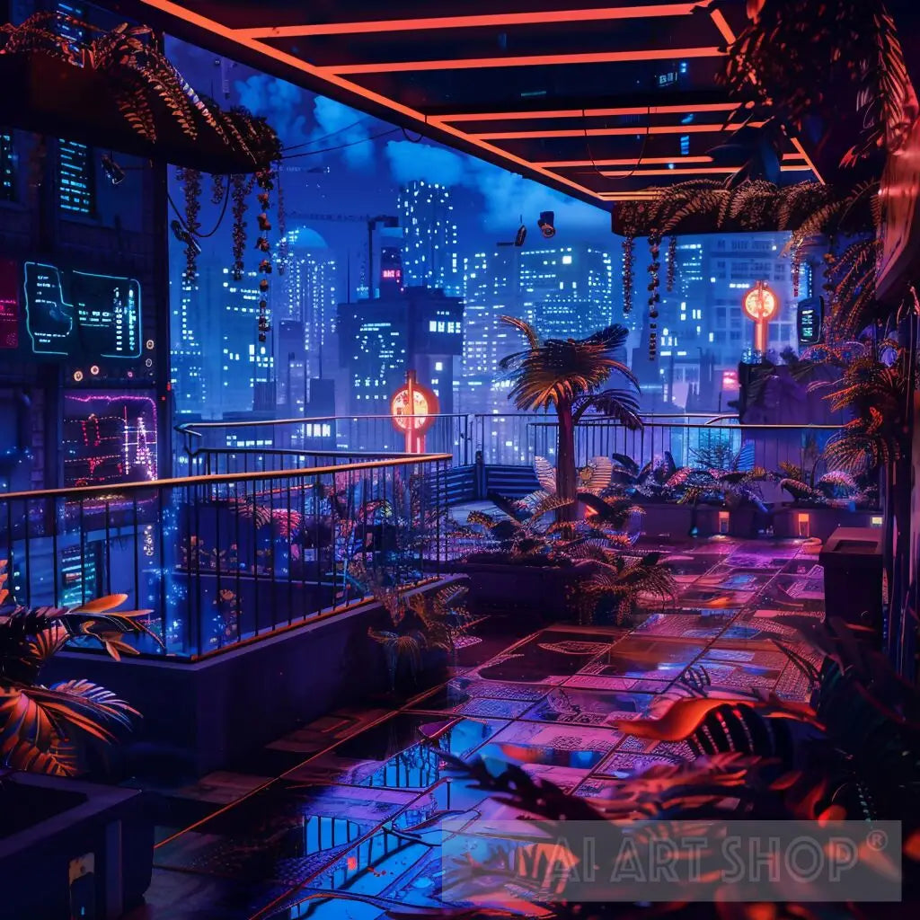 Bioluminescent Rooftop Garden - Cyberpunk Noir