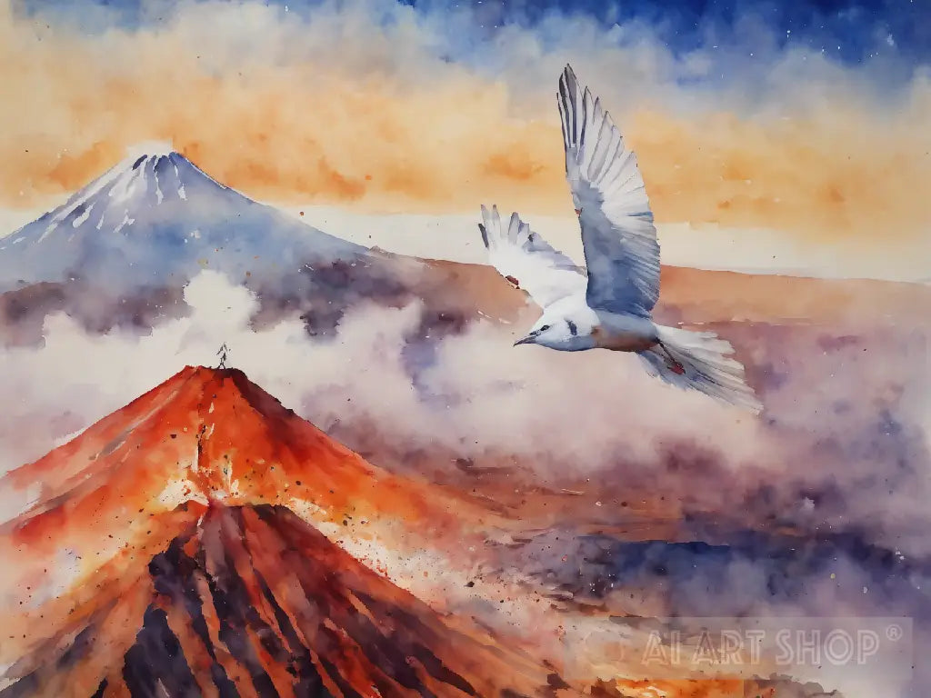 Bird flying over volcano