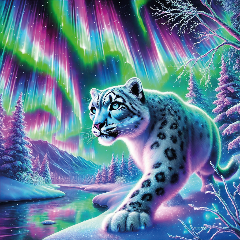Majestic Snow Leopard in Neon Winter Wonderland