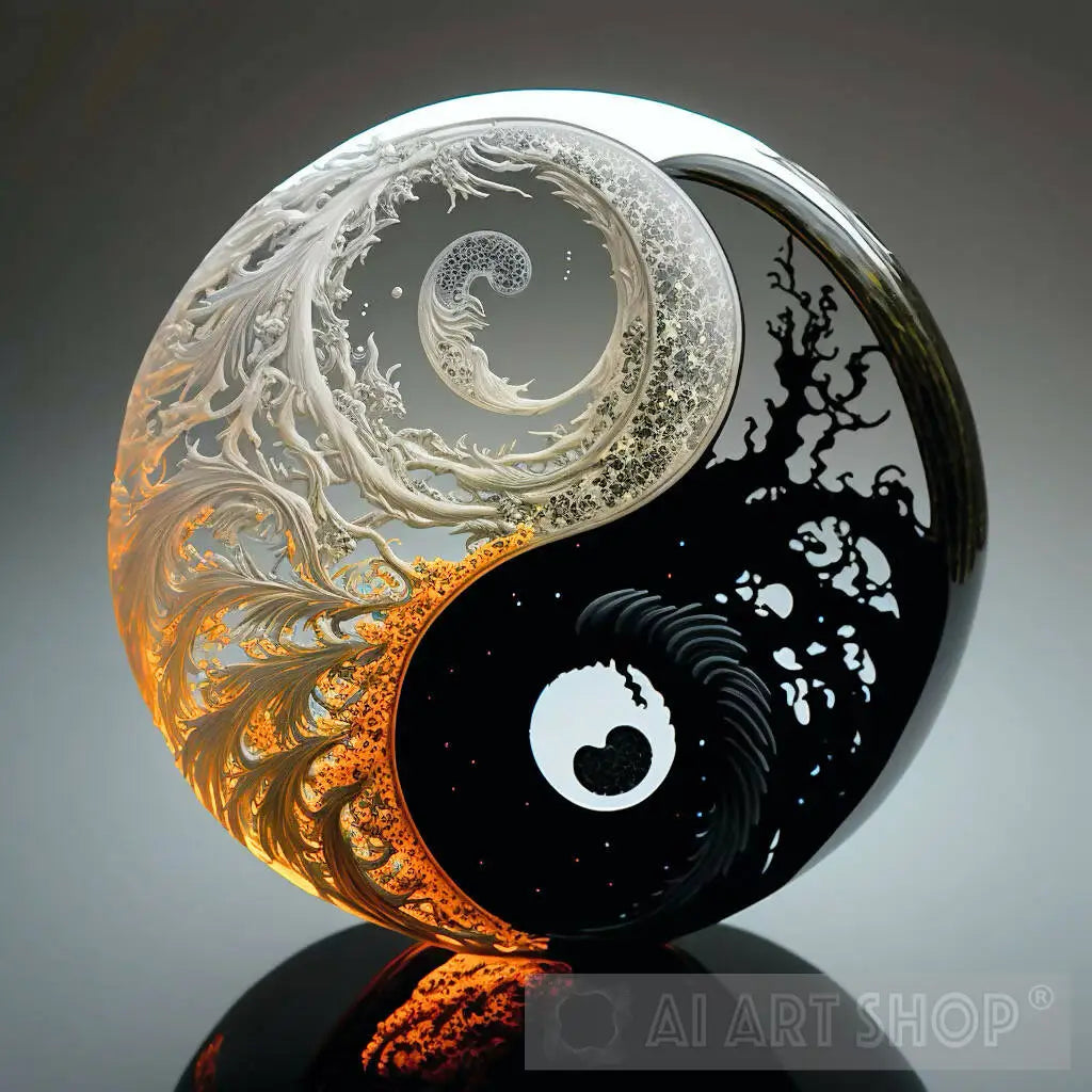 Beautiful glass yin yang sculpture, intricate glass yin yang, dark ...