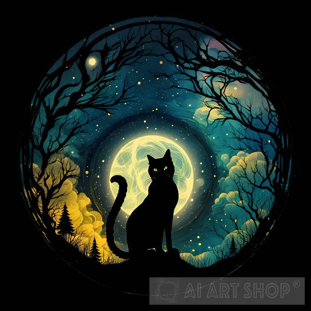 Black Cat In The Moonlight, cat, Black Cat Art, Moonlit Silhouette,...