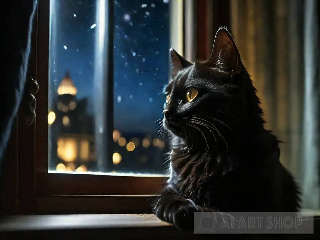 Black Cat Staring into Night Sky