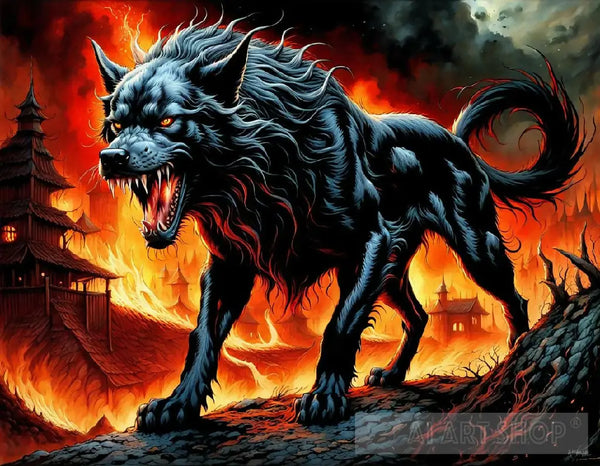 black dog, hellhound, evil dog, burning village, fantasy