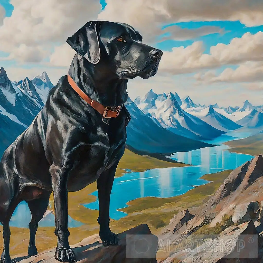 Black Labrador On A Hlll By A Lake