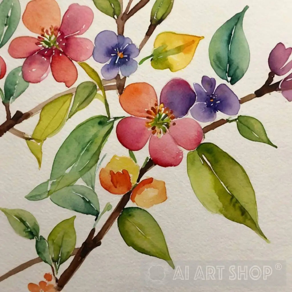 Watercolor Painting of Blooming Branch