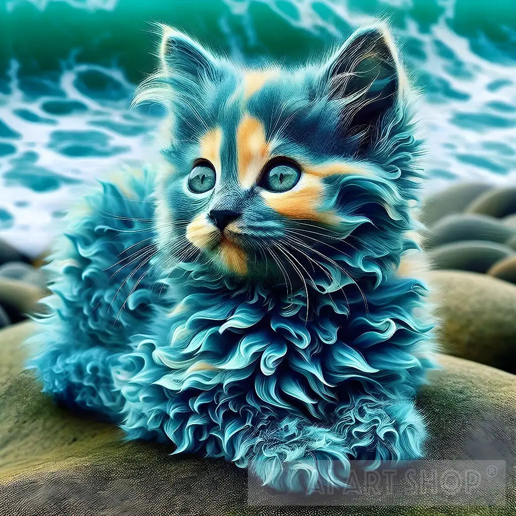 Blue Cat on the Beach Wall Art - Whimsical Coastal Decor for Charmi...