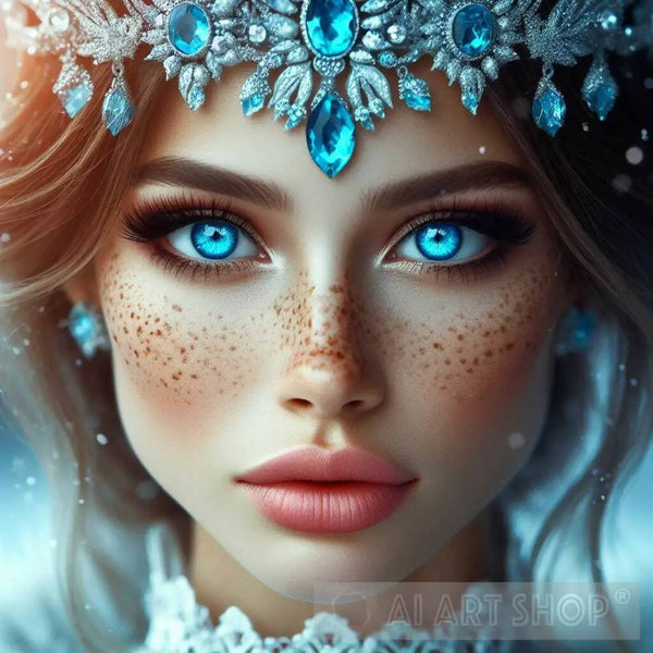 beautiful women with pure blue eyes and blue jewels on her head