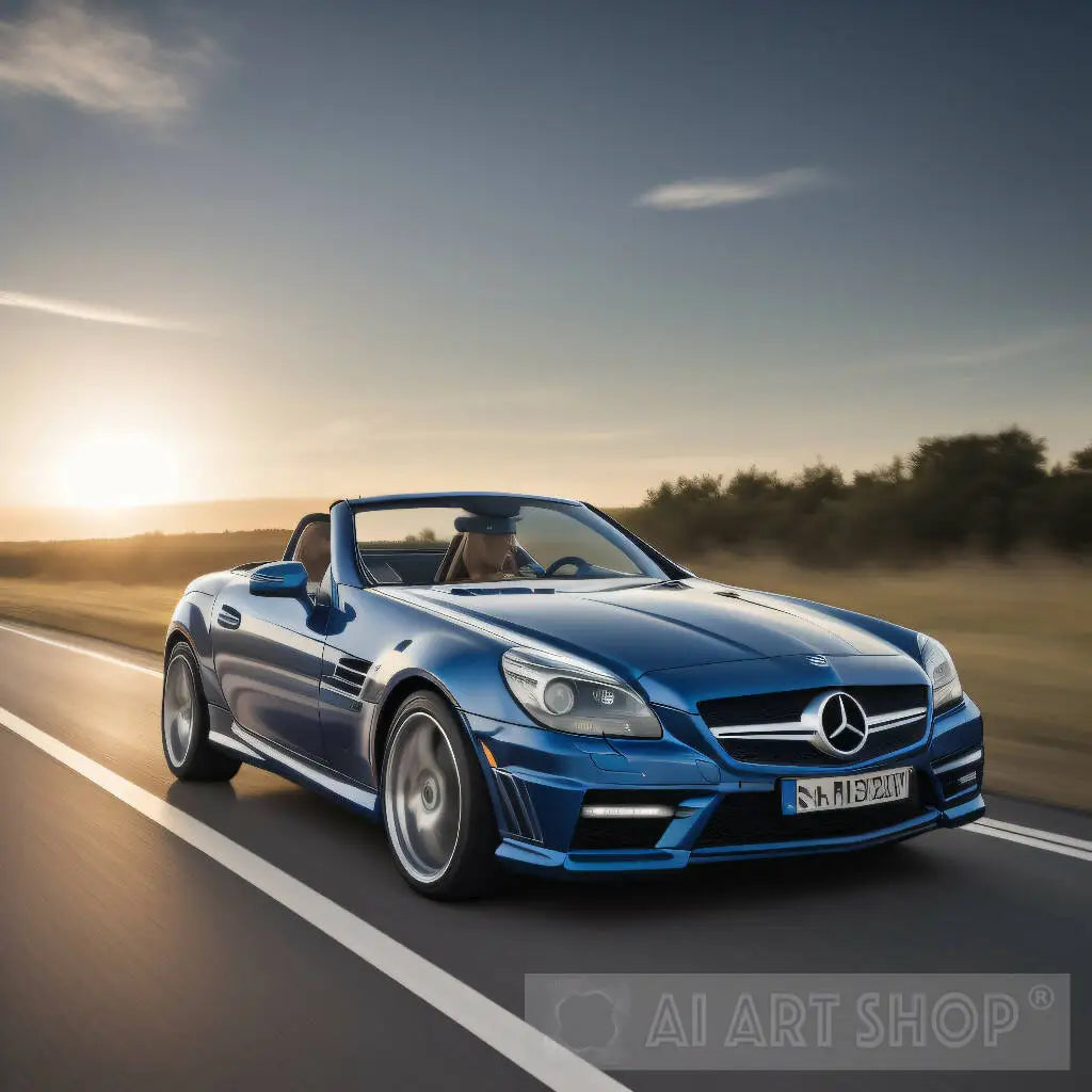 A blue Mercedes SLK55 AMG driving on a summers evening, this pictur...
