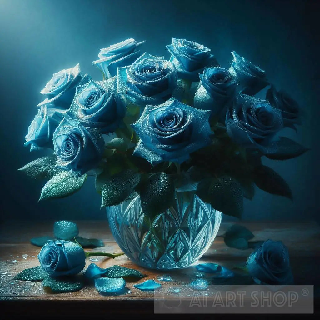Blue Roses in a Vase, Dewy and Romantic