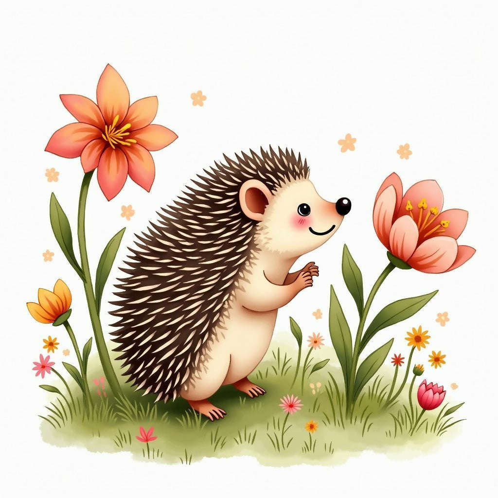 Friendly Hedgehog in Flower Garden | Whimsical Watercolor of a Hedg...