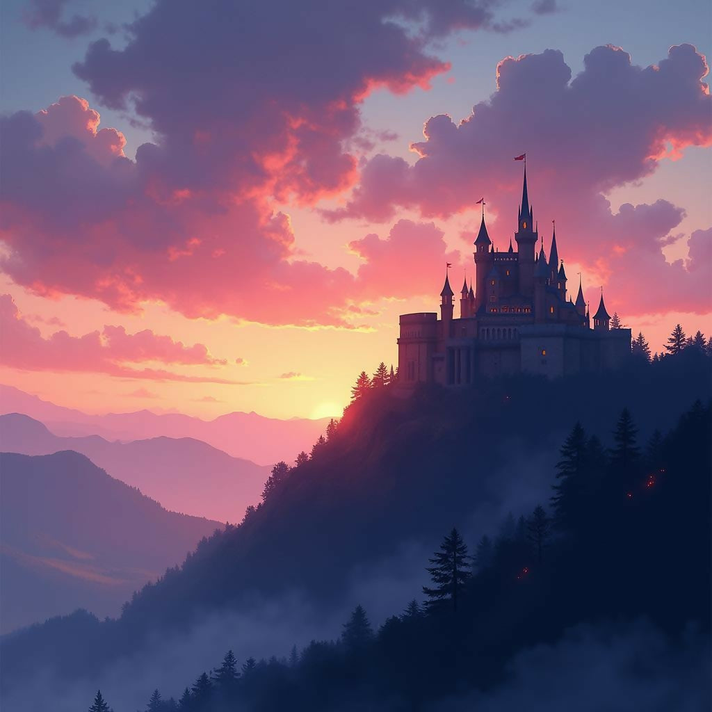 Twilight Castle Silhouette | Dreamy Twilight Sky with Ancient Castle