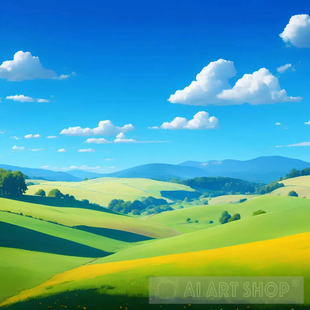 bright landscape with rolling hills, all this under a bright blue sky