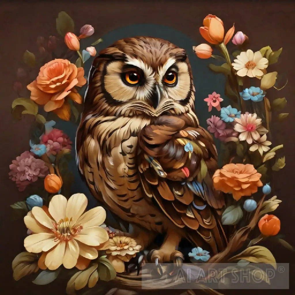 Brown Owl With Flowers