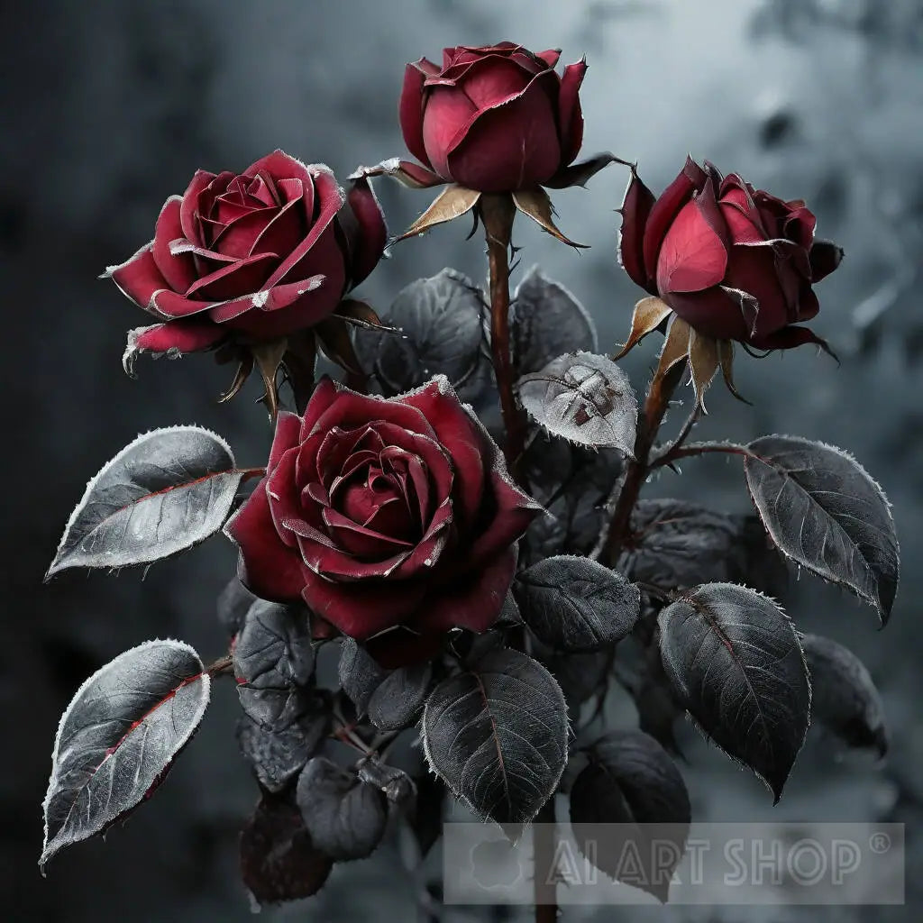 burgundy roses with black leaves covered with frost