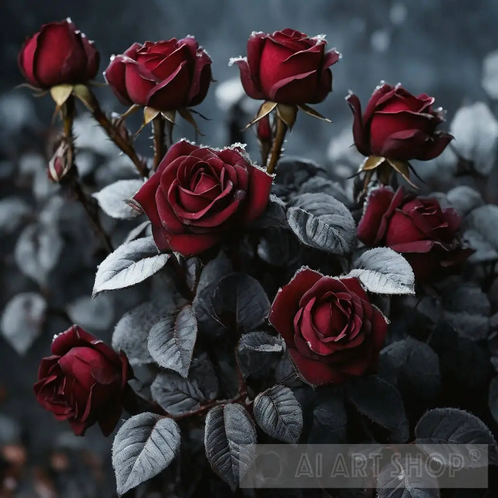 burgundy roses with black leaves covered with frost