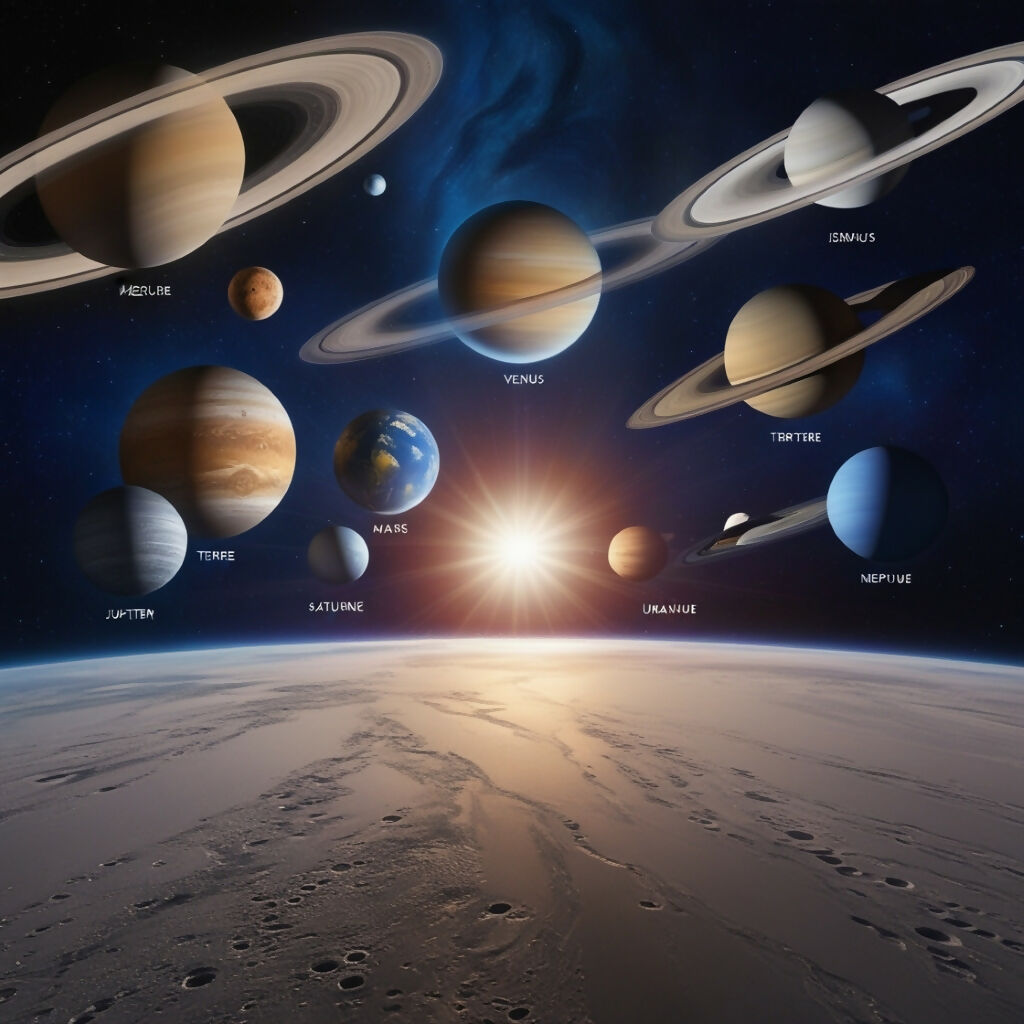 Solar System Planets with Labeled Names in Space