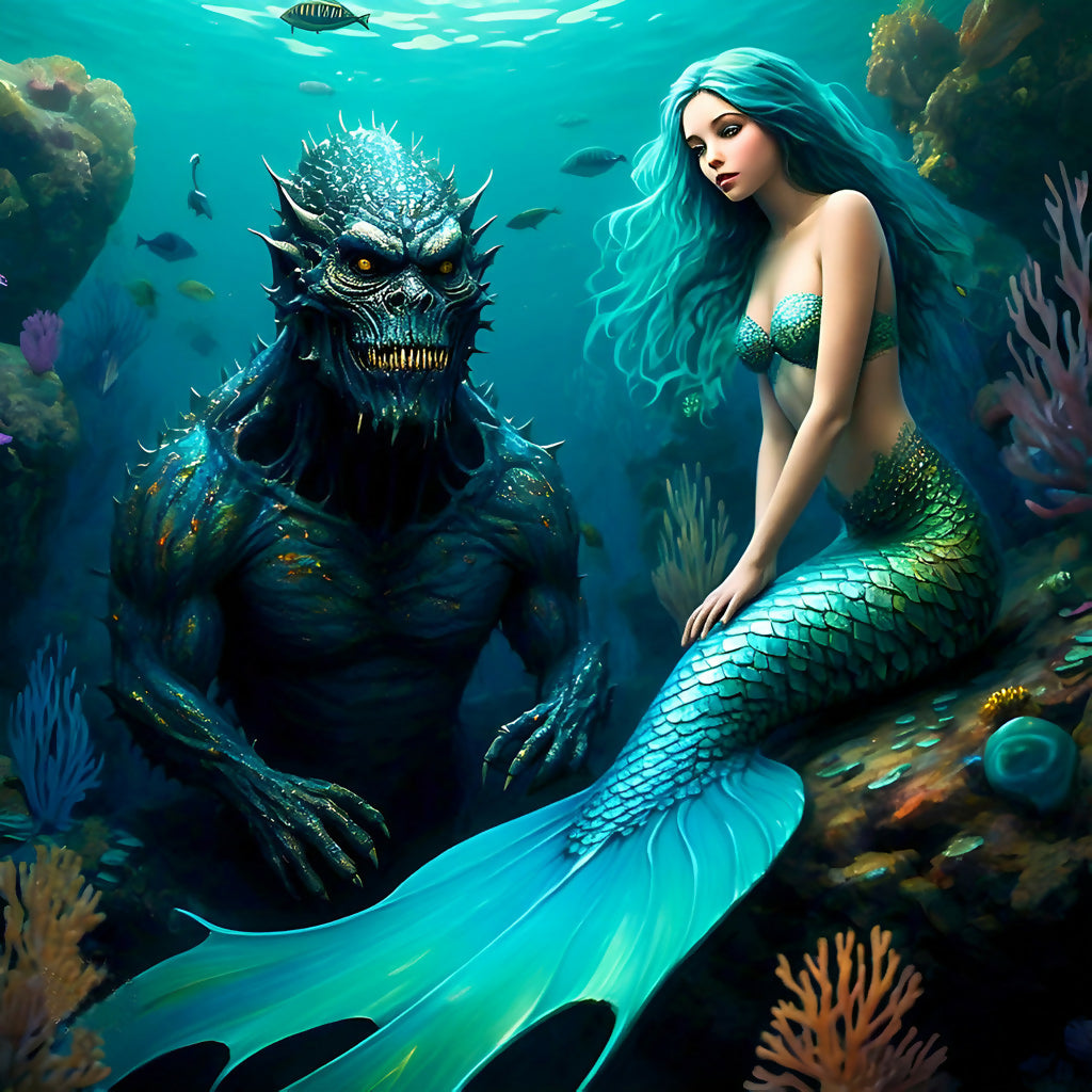 Enchanted Depths: The Mermaid and the Sea Monster - AI Art