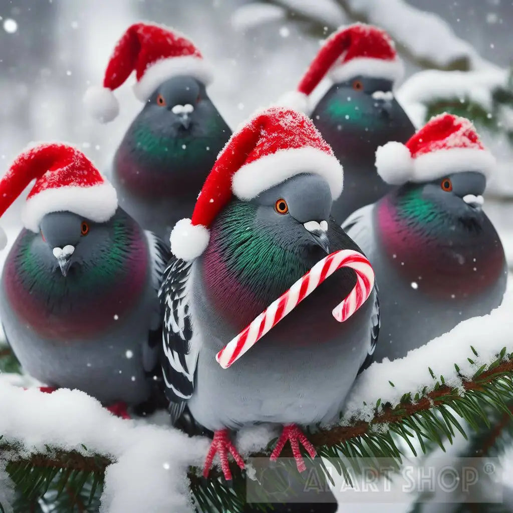 Candy Cane Christmas Pigeons Wearing Santa Hats