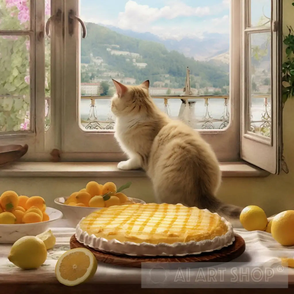 Cat cooking a lemon tart