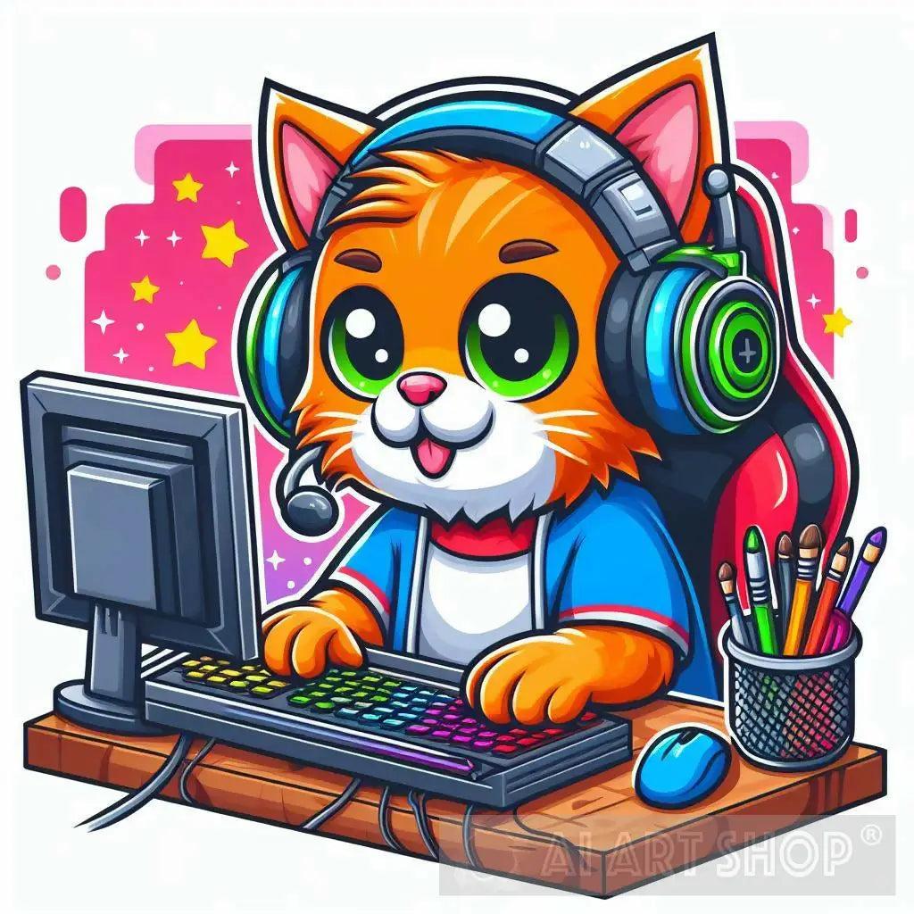 Cat, gamer, cartoon