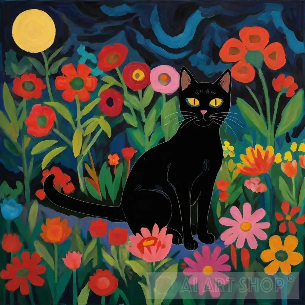 Cat In The Garden With Flowers At Night