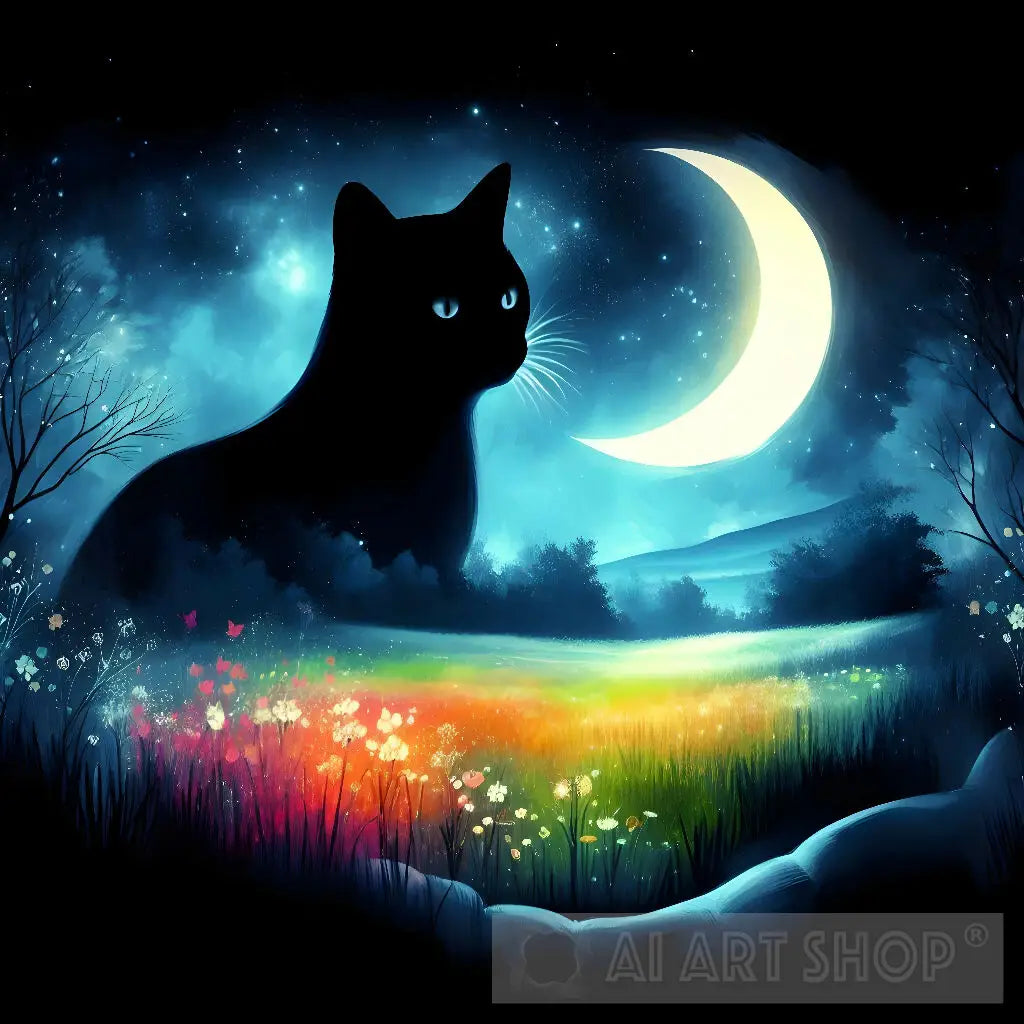 Cat in the Moonlight Wall Art - Mystical Feline Elegance for Home D...