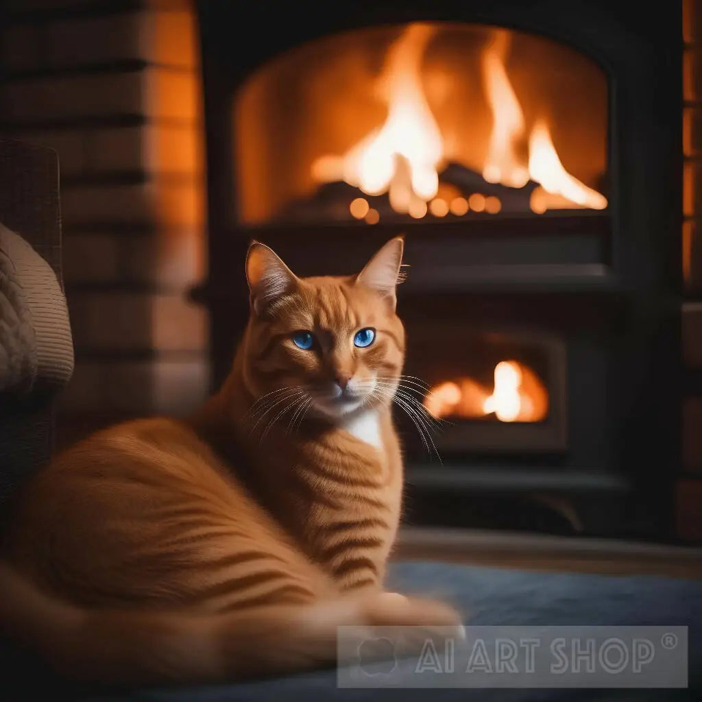cat, fireplace. sitting