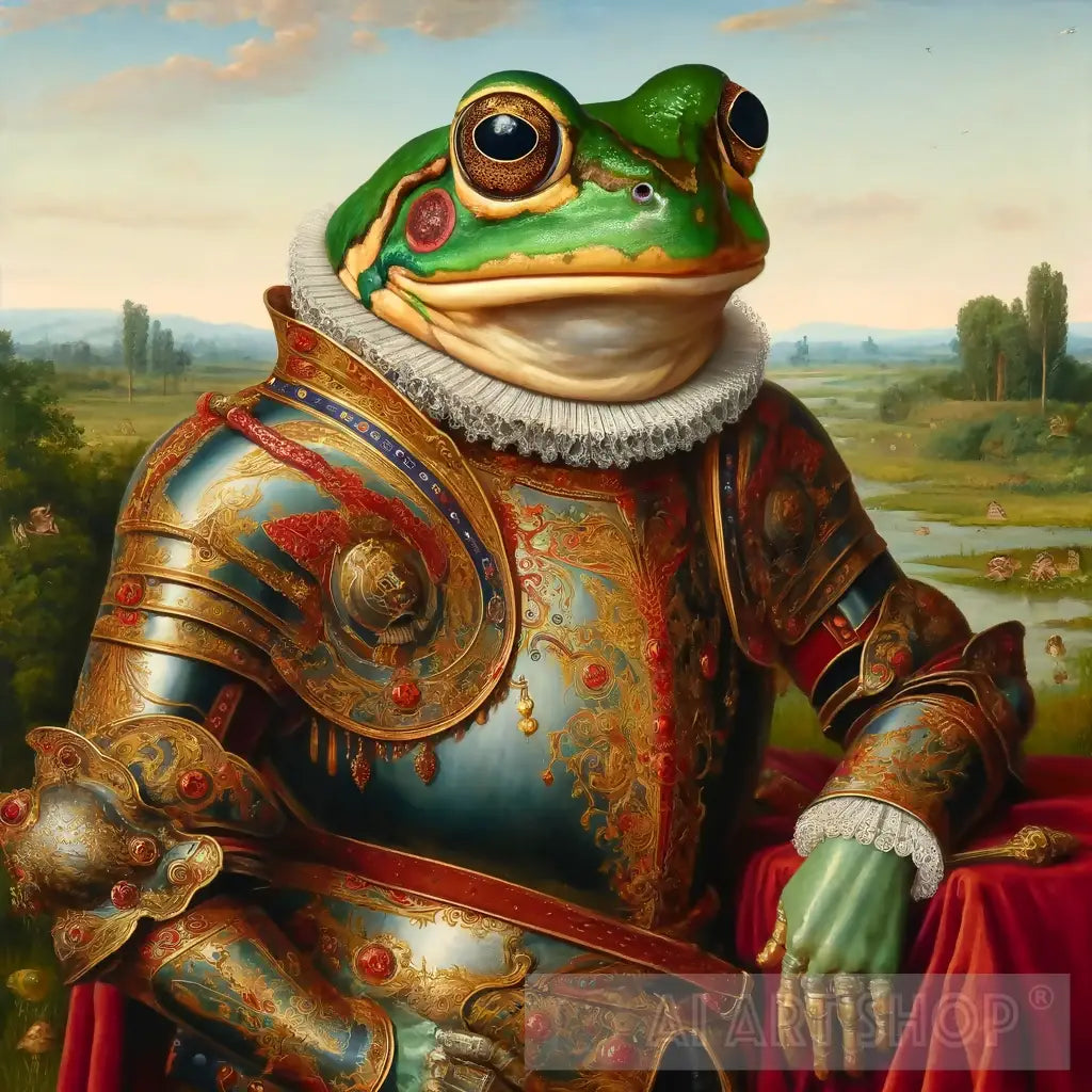 Masterpiece Oil Painting: Noble Frog in Renaissance Armor - Vibrant...